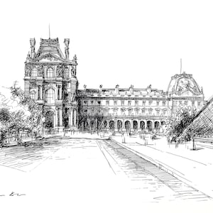 Louvre Museum Sketch – Hand-drawn Paris Landmark Art | Digital Download ...