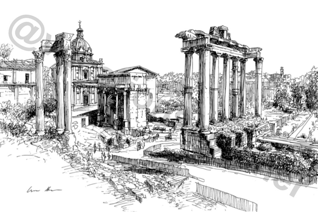 Roman Forum Ruins Sketch – Hand-drawn Ancient Rome Architecture Art ...
