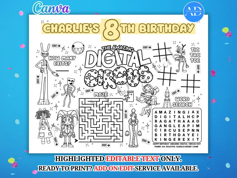 Amazing Circus DIGITAL DIY Template Placemat Activity Sheet Coloring ...