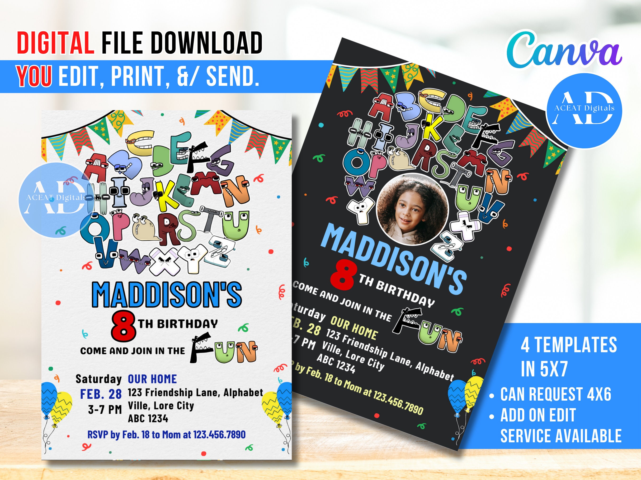 Alphabet Story, DIGITAL DIY Template Invitation Invite Birthday Party ...
