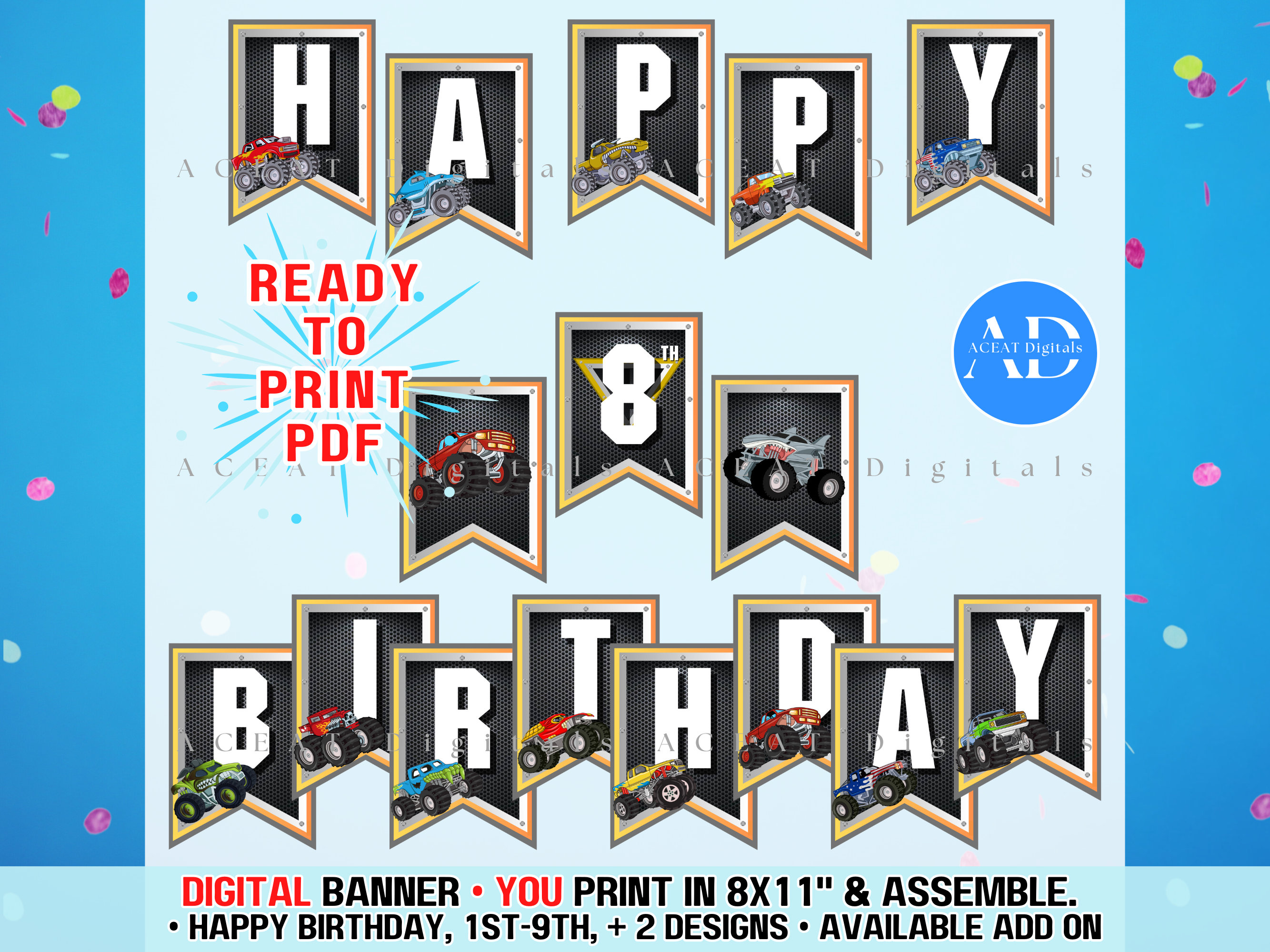 Monster Truck DIGITAL Ready to Print Banner Flags Birthday Jam Party ...