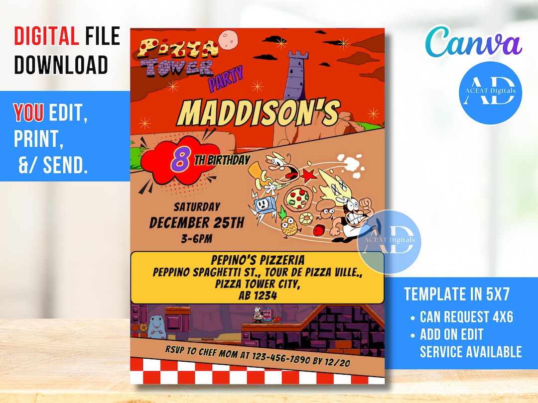 Pizza Tower Game DIGITAL DIY Template Invitation Invite Birthday Party ...