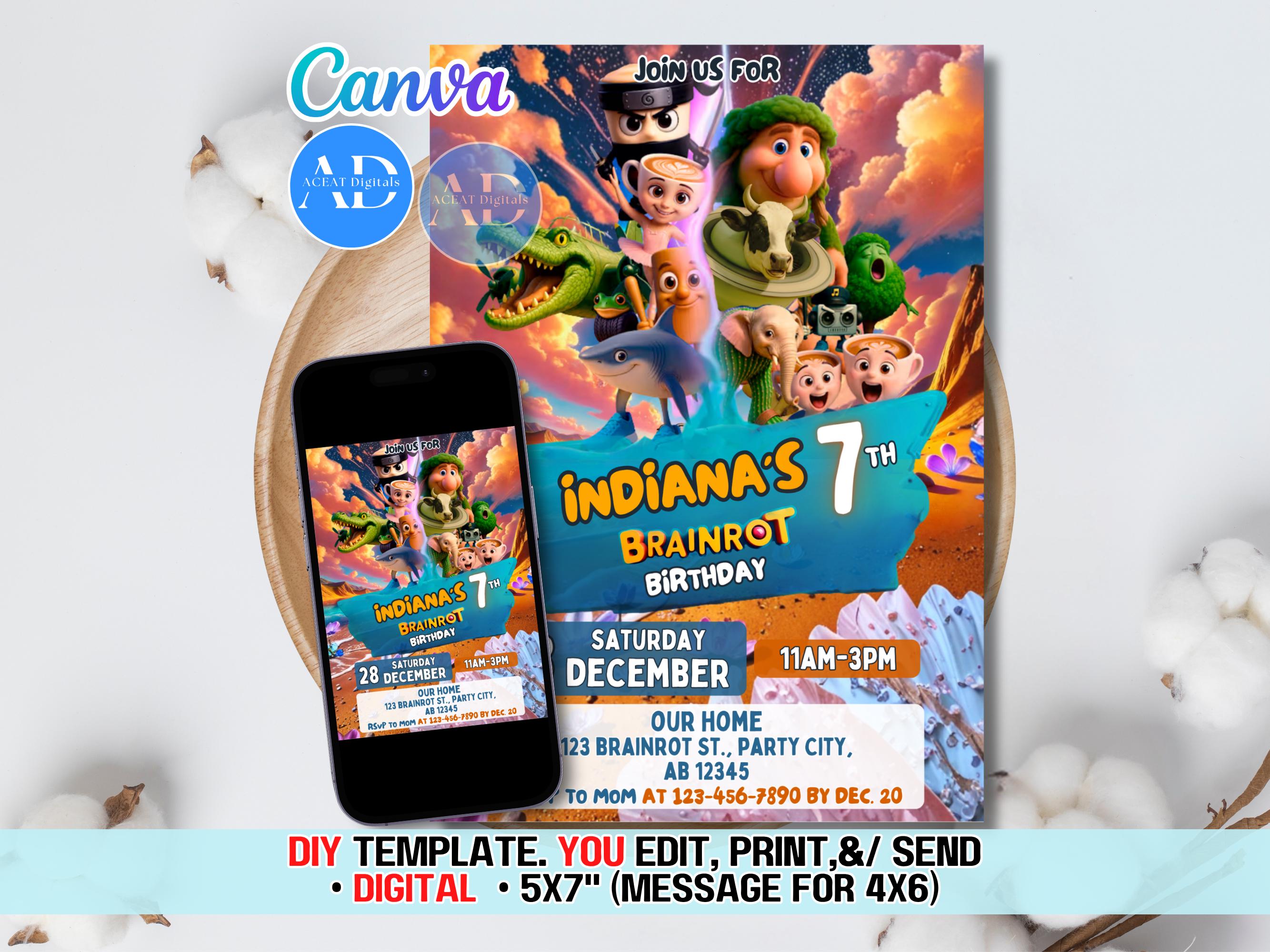 Brainrot DIY Template Invitation Invite Birthday Party Editable ...