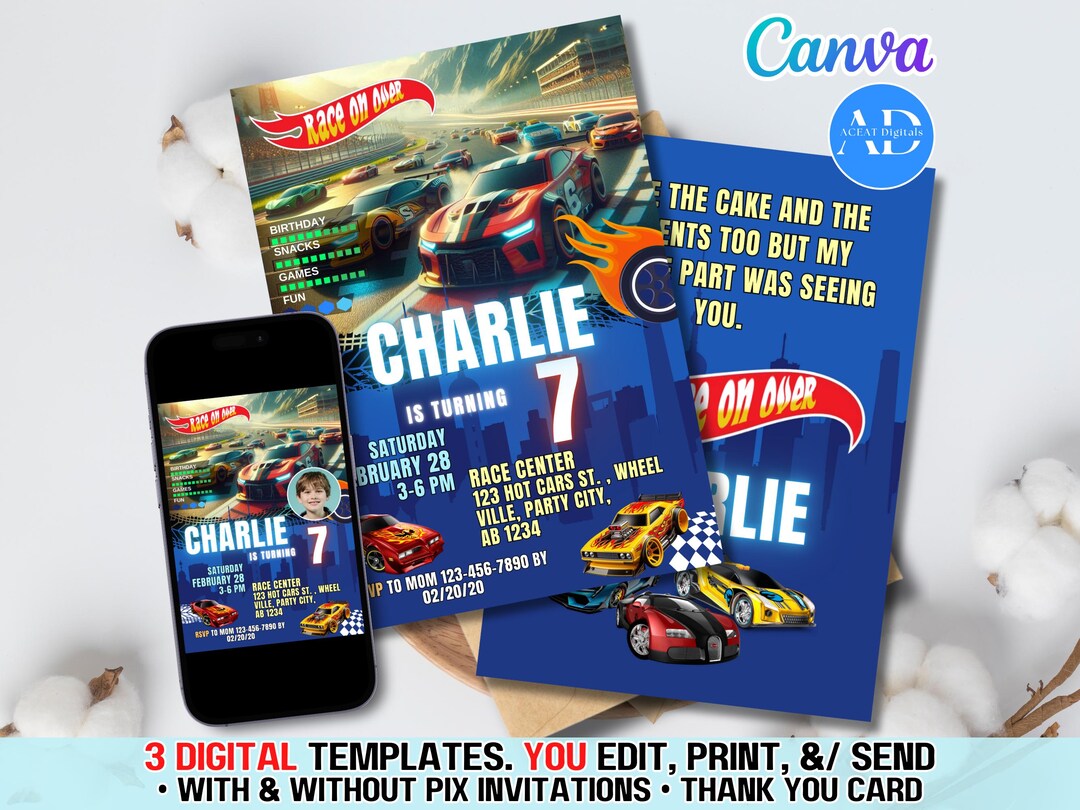 Hot Cars Wheelers DIGITAL DIY Template Invitation & Back Invitation ...