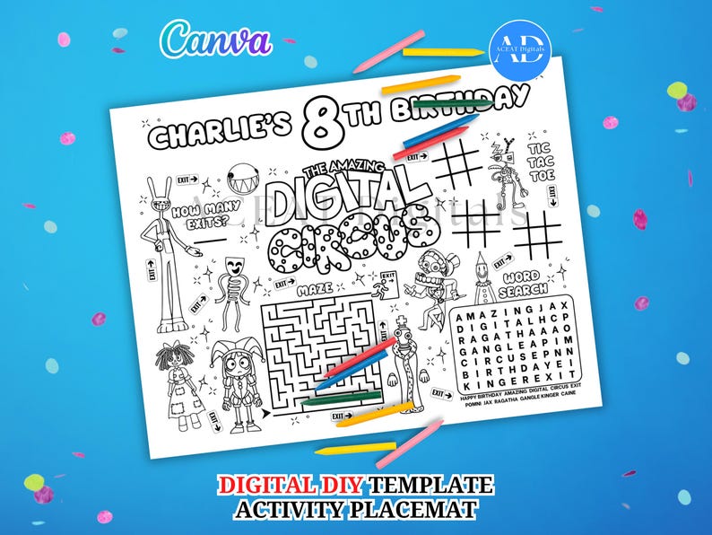 Amazing Circus DIGITAL DIY Template Placemat Activity Sheet Coloring ...