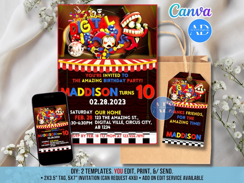 Amazing Circus, DIGITAL DIY Template Invitation Invite Thank You Card ...