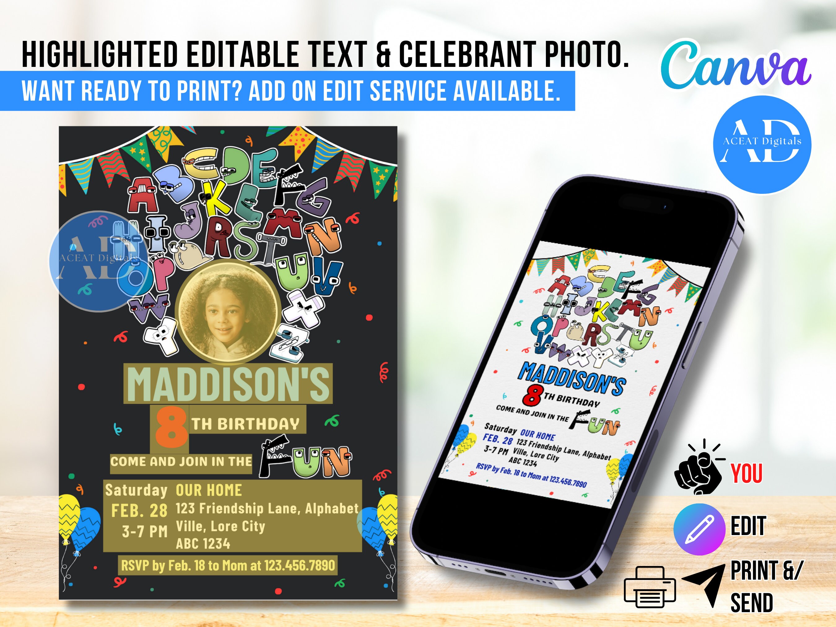 Alphabet Story, DIGITAL DIY Template Invitation Invite Birthday Party ...