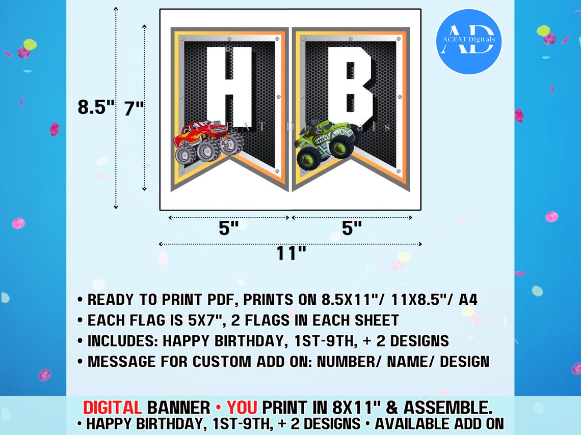 Monster Truck DIGITAL Ready to Print Banner Flags Birthday Jam Party ...