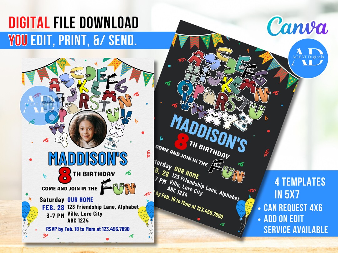 Alphabet Story, DIGITAL DIY Template Invitation Invite Birthday Party ...