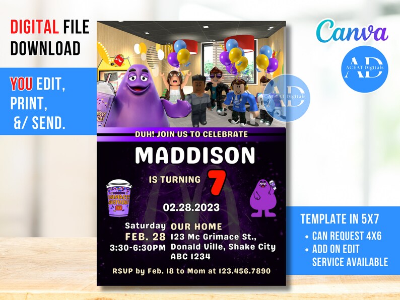 Purple Shake Happy DIGITAL DIY Template Invitation Invite Birthday ...