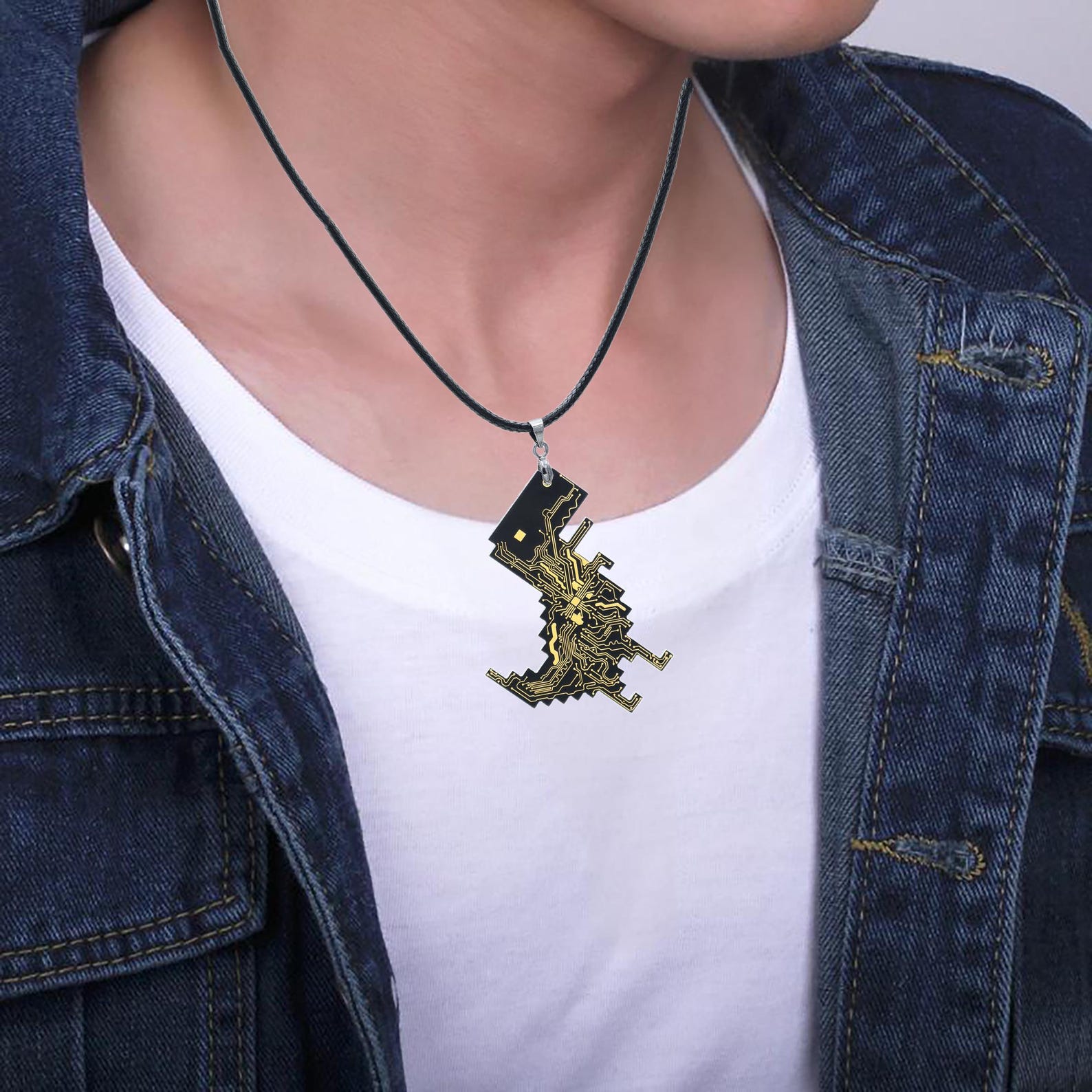 Pixel Dinosaur Circuit Board Necklace | Immersion Gold Tech Jewelry for ...
