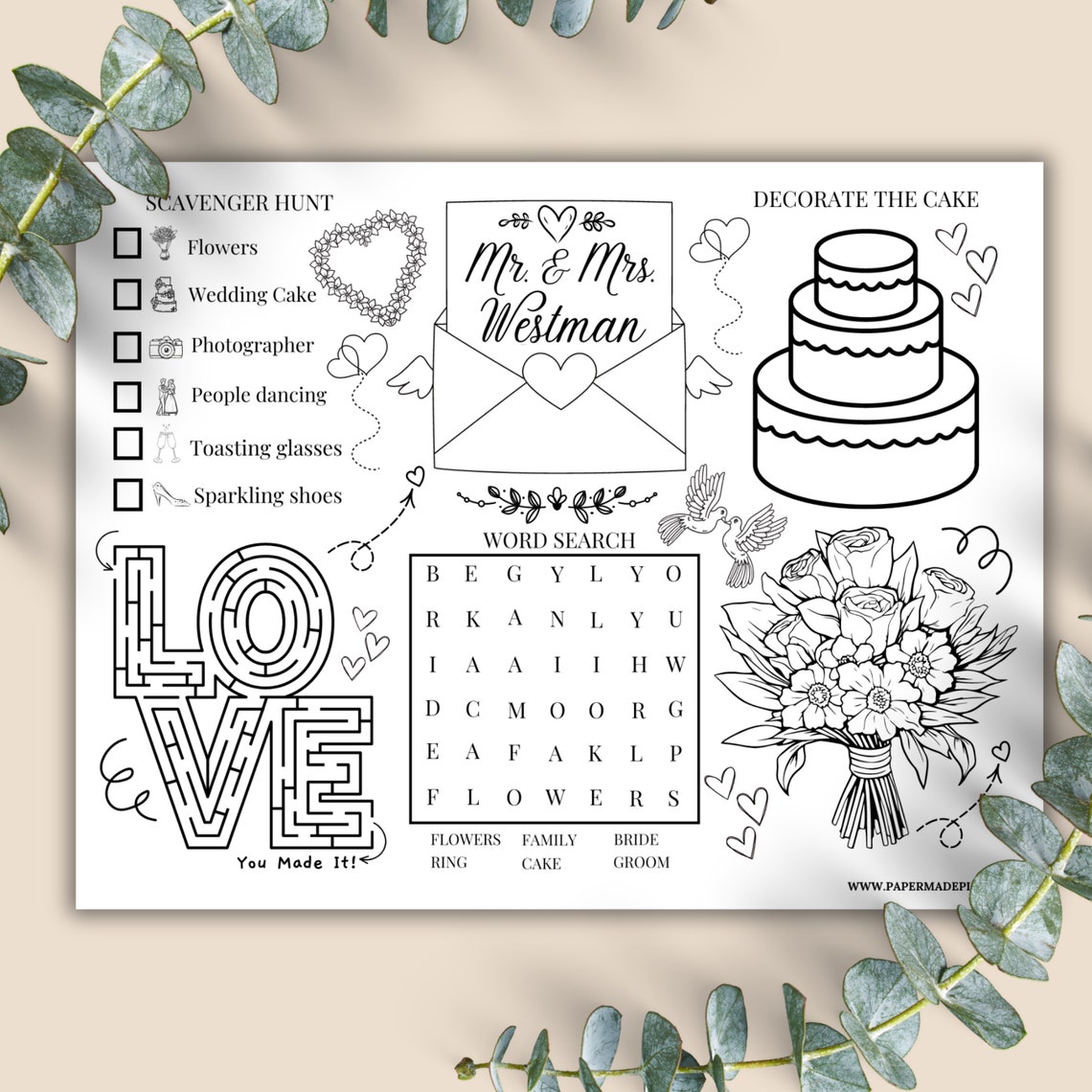 Wedding Day Children's Activity & Coloring Placemat, Printed ...