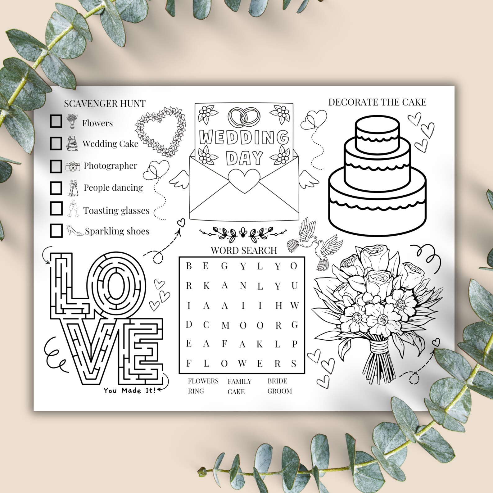 Wedding Day Children's Activity & Coloring Placemat, Printed ...