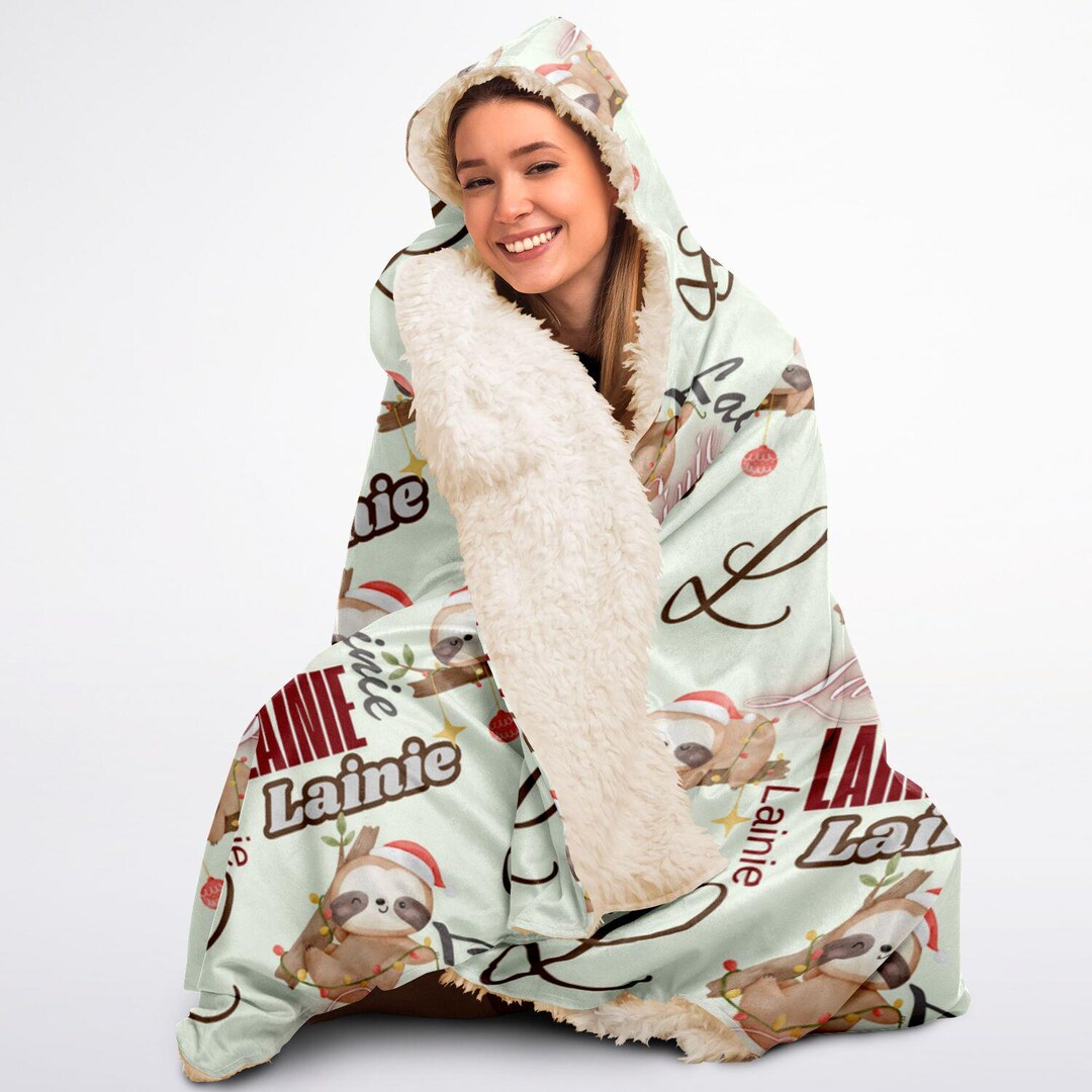 Personalized Adorable Sloth Hooded Sherpa Blanket Custom Name Cozy ...