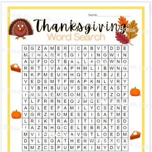 4th Grade Thanksgiving Word Search With Answer Key, Printable - Etsy
