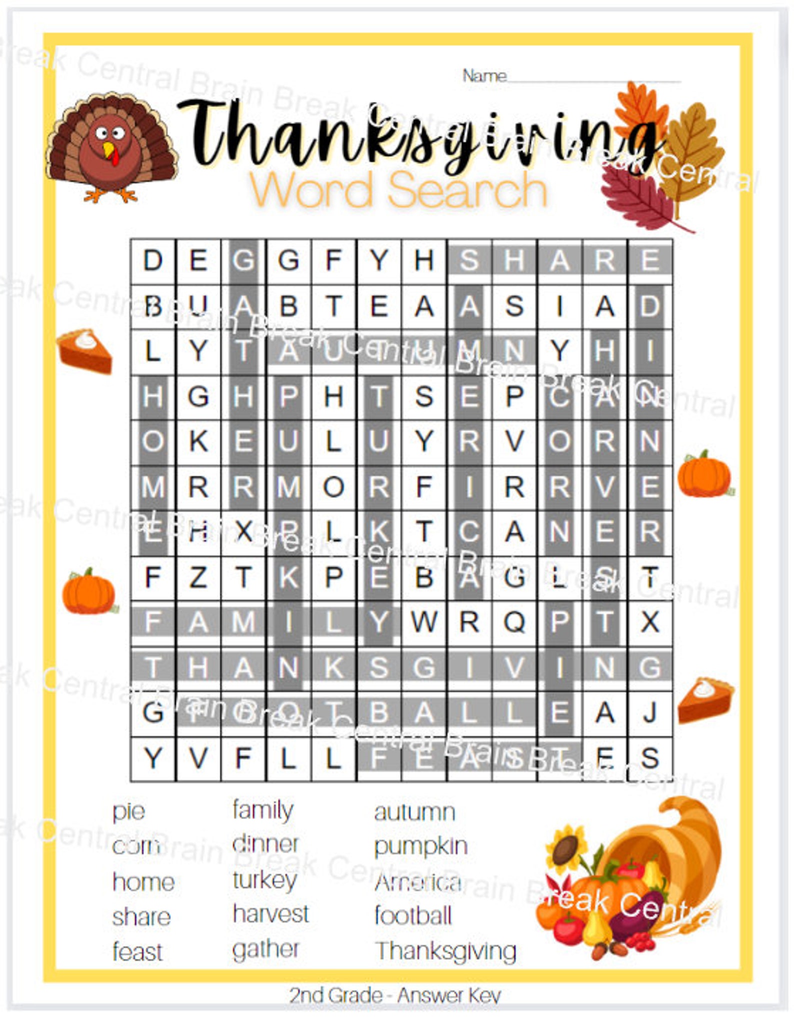 2nd Grade Thanksgiving Word Search With Answer Key, Printable - Etsy