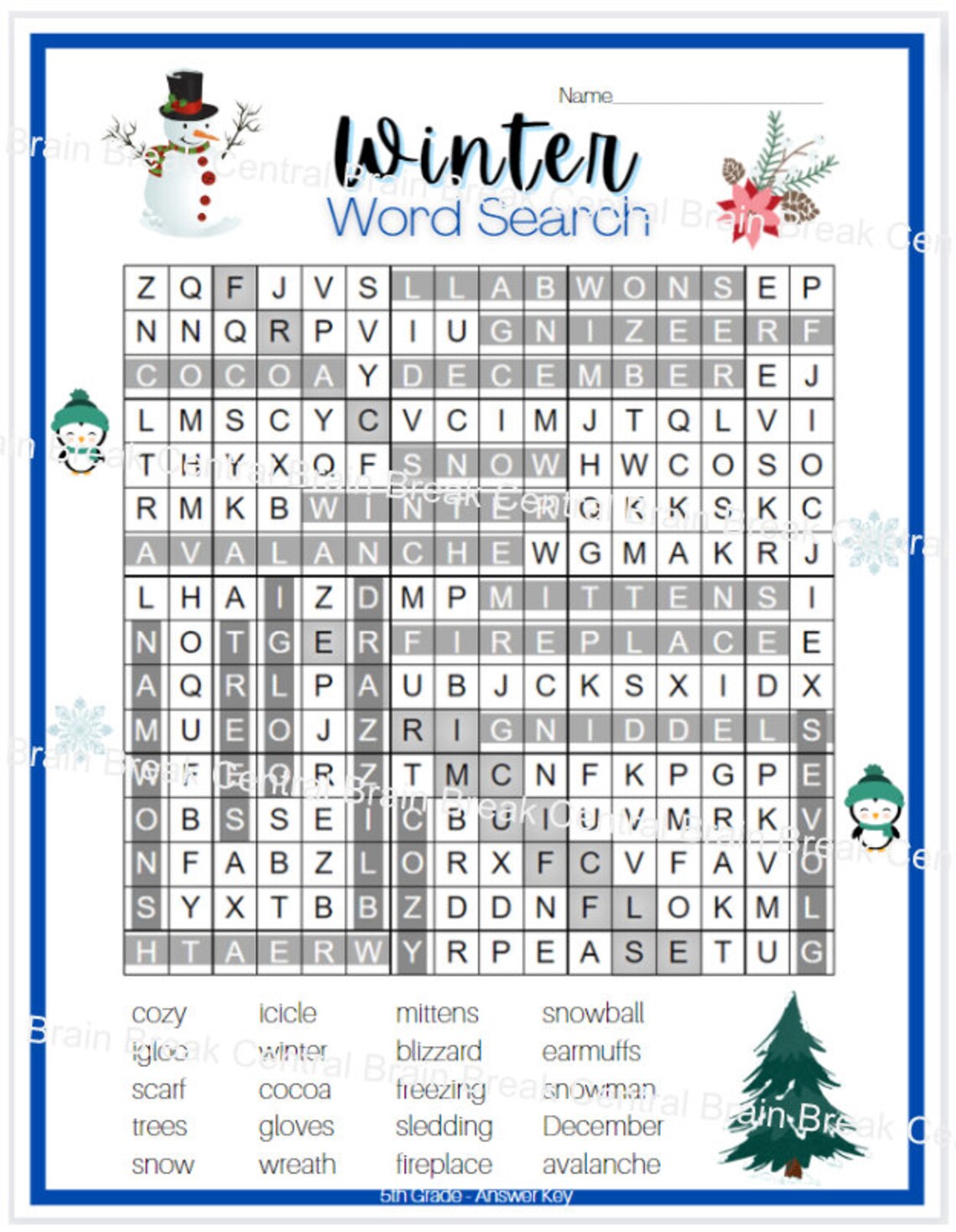 5th Grade Winter Word Search With Answer Key, Printable - Etsy