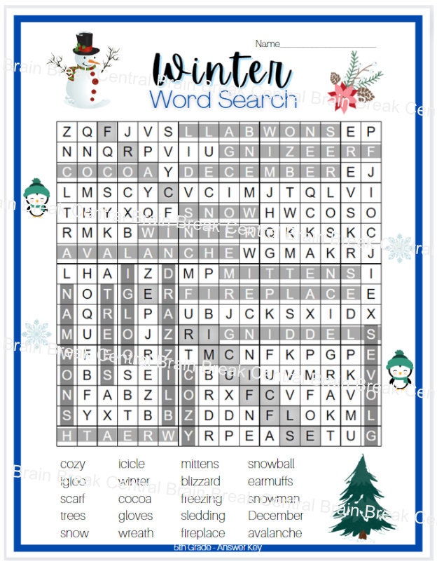 5th Grade Winter Word Search With Answer Key, Printable - Etsy