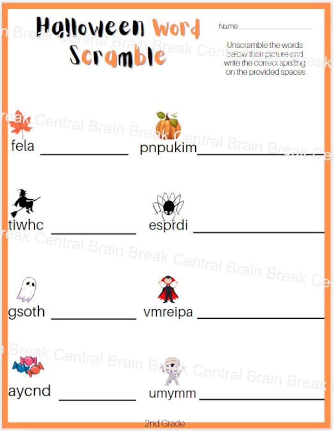2nd Grade Halloween Word Scramble Worksheet With Answer Key, Printable ...