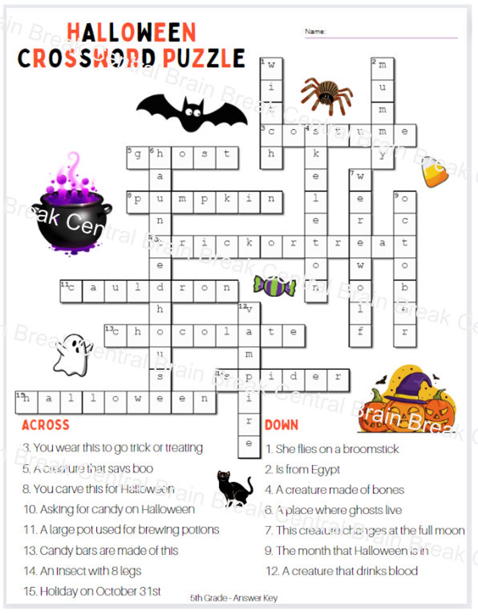 Crucigrama de Halloween de quinto grado con clave de respuestas - Etsy ...