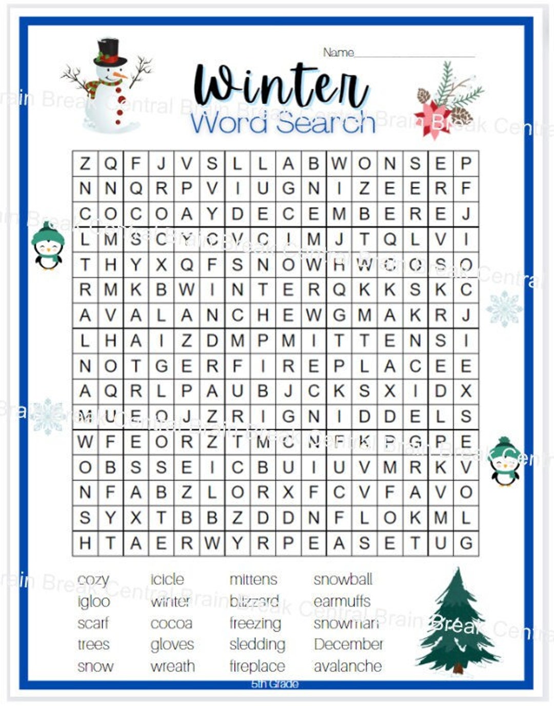 5th Grade Winter Word Search With Answer Key, Printable - Etsy