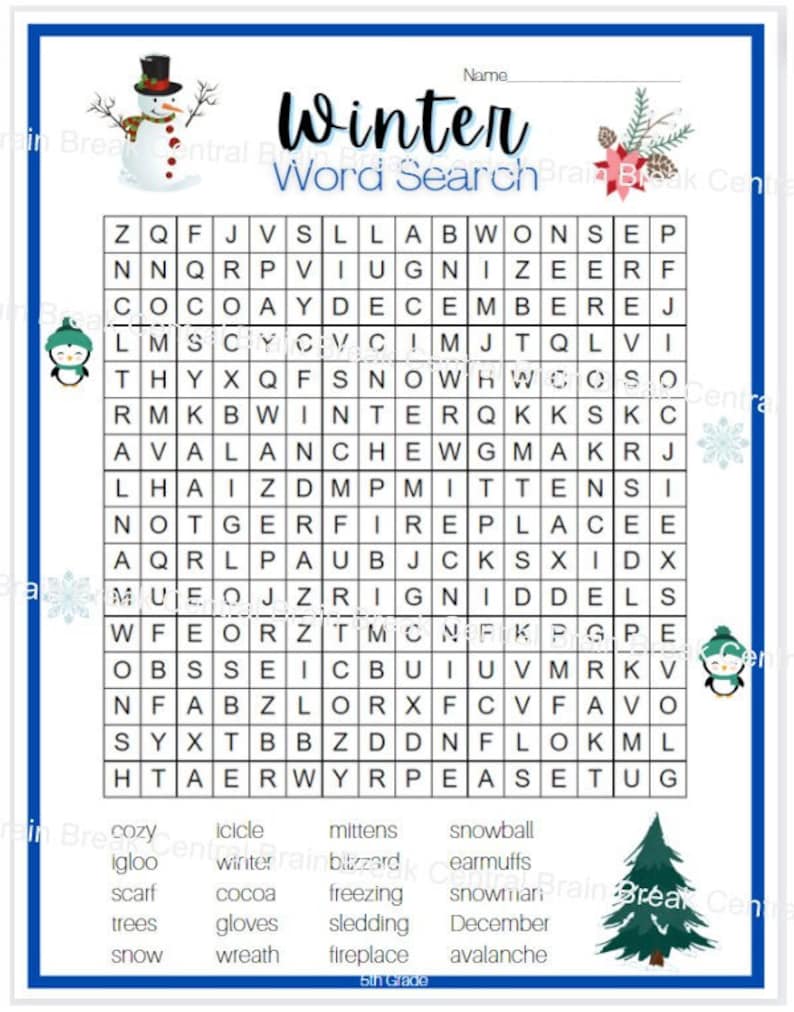 5th Grade Winter Word Search With Answer Key, Printable - Etsy