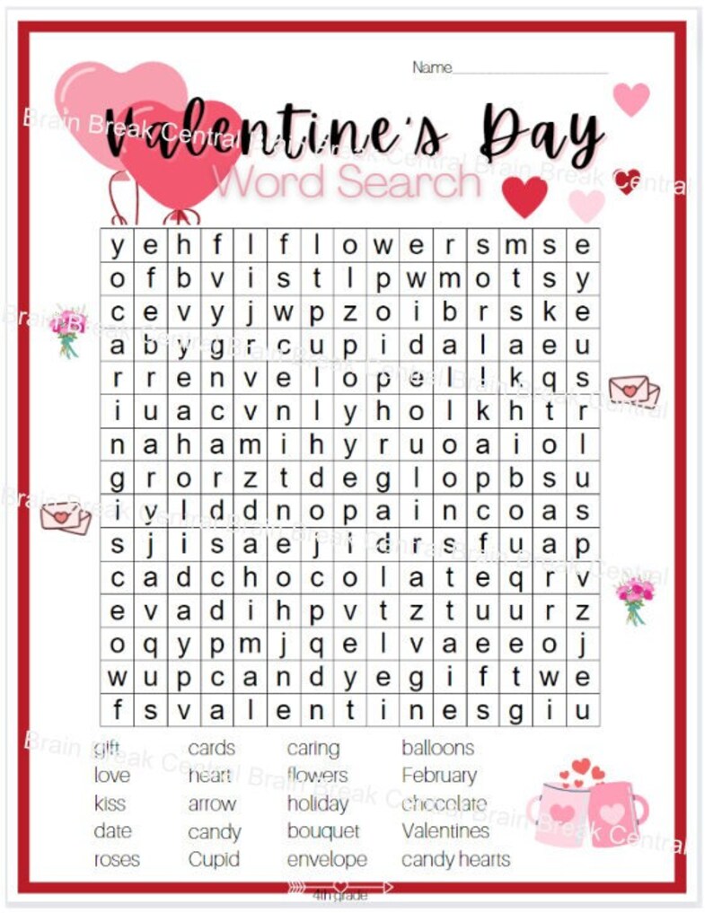 4th Grade Valentine's Day Word Search With Answer Key, Printable - Etsy