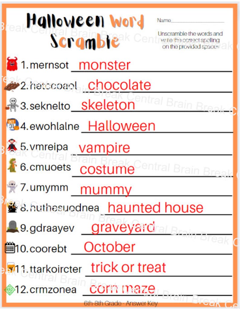 6th-8th Grade Halloween Word Scramble Worksheet With Answer Key ...