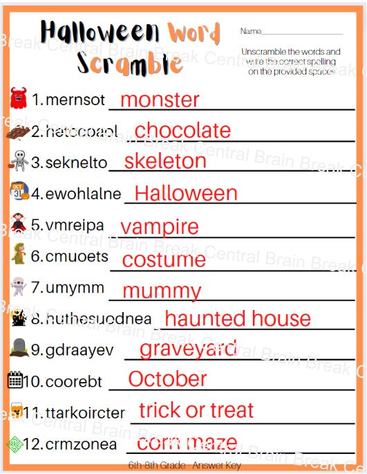 6th-8th Grade Halloween Word Scramble Worksheet With Answer Key ...