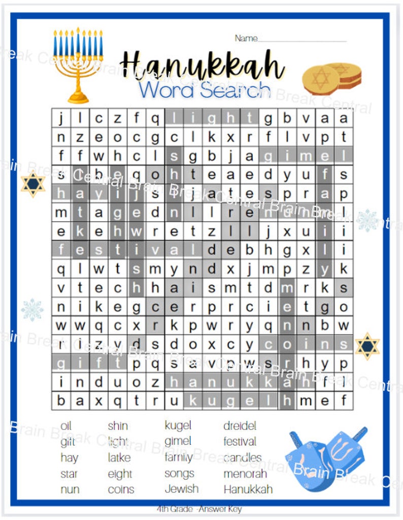 4th Grade Hanukkah Word Search With Answer Key, Printable - Etsy