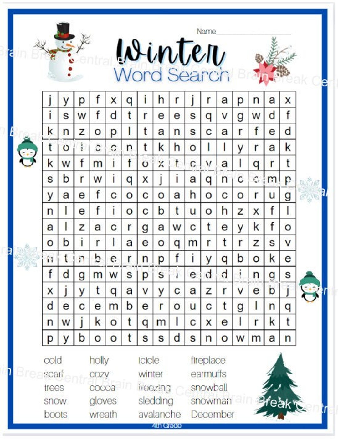 4th Grade Winter Word Search With Answer Key, Printable - Etsy