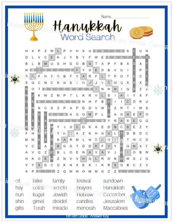 6th-8th Grade Hanukkah Word Search With Answer Key, Printable - Etsy