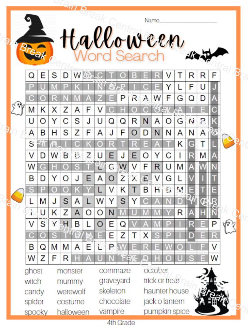 4th Grade Halloween Word Search With Answer Key - Etsy