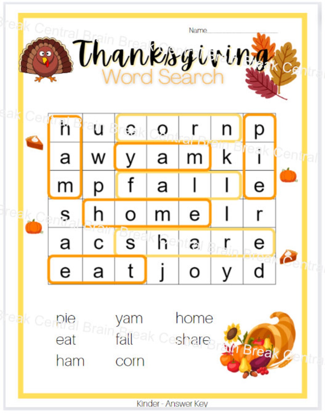 Kindergarten Thanksgiving Word Search With Answer Key, Printable - Etsy