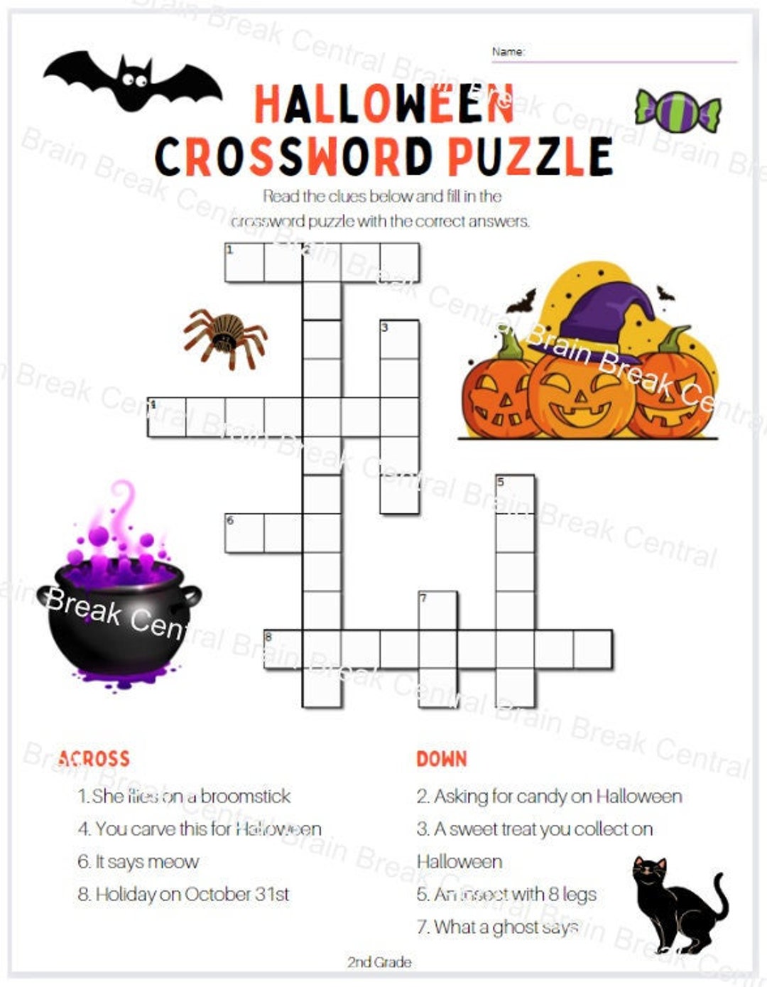 2nd Grade Halloween Crossword Puzzle With Answer Key - Etsy