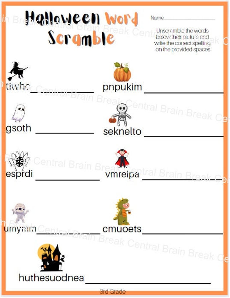 3rd Grade Halloween Word Scramble Worksheet With Answer Key, Printable ...