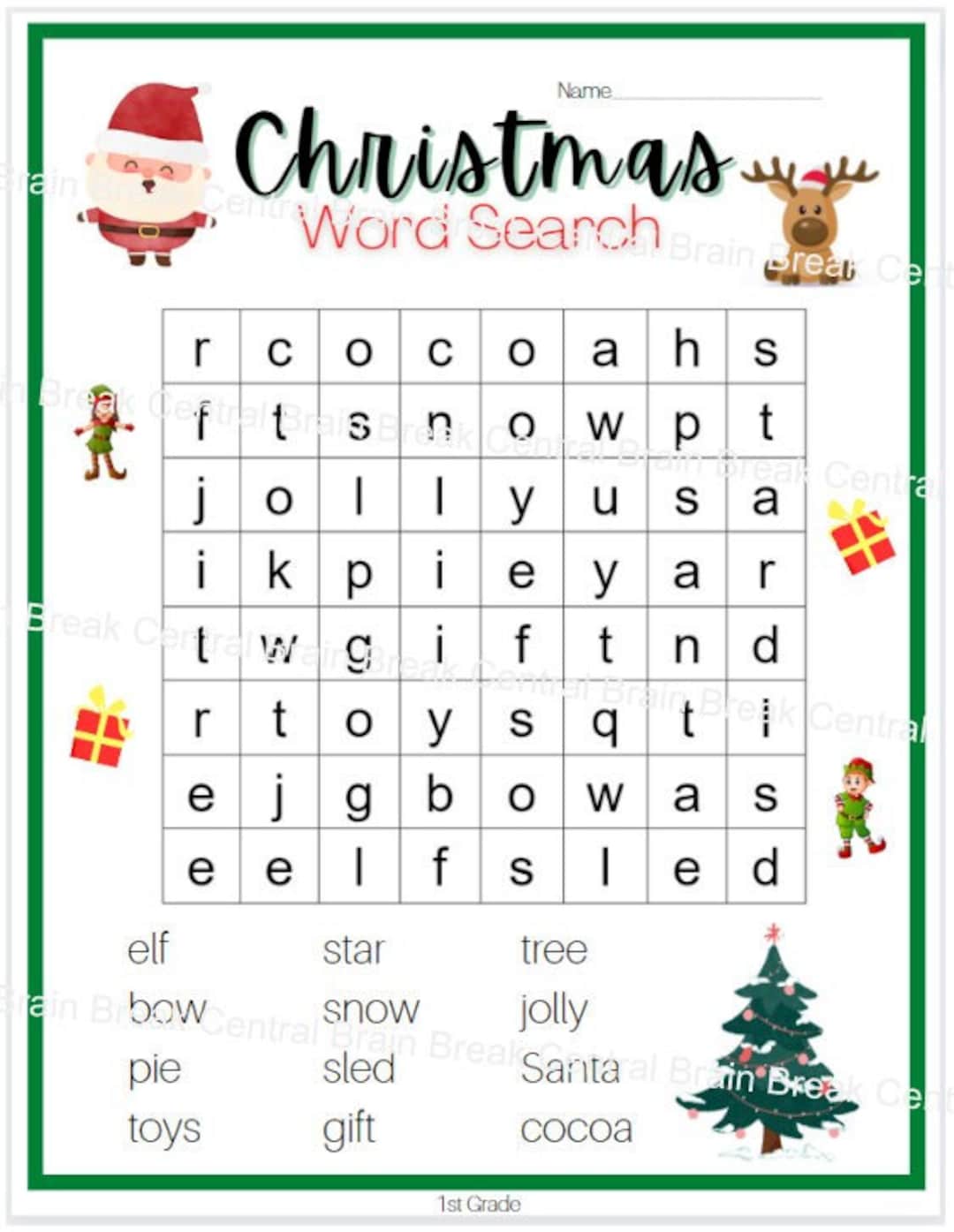 1st Grade Christmas Word Search With Answer Key, Printable - Etsy