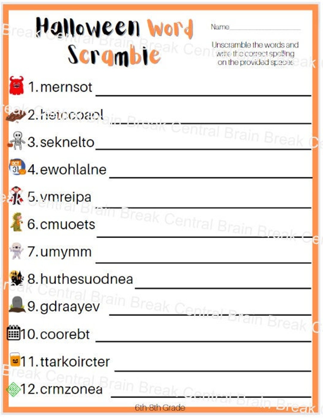 6th-8th Grade Halloween Word Scramble Worksheet With Answer Key ...