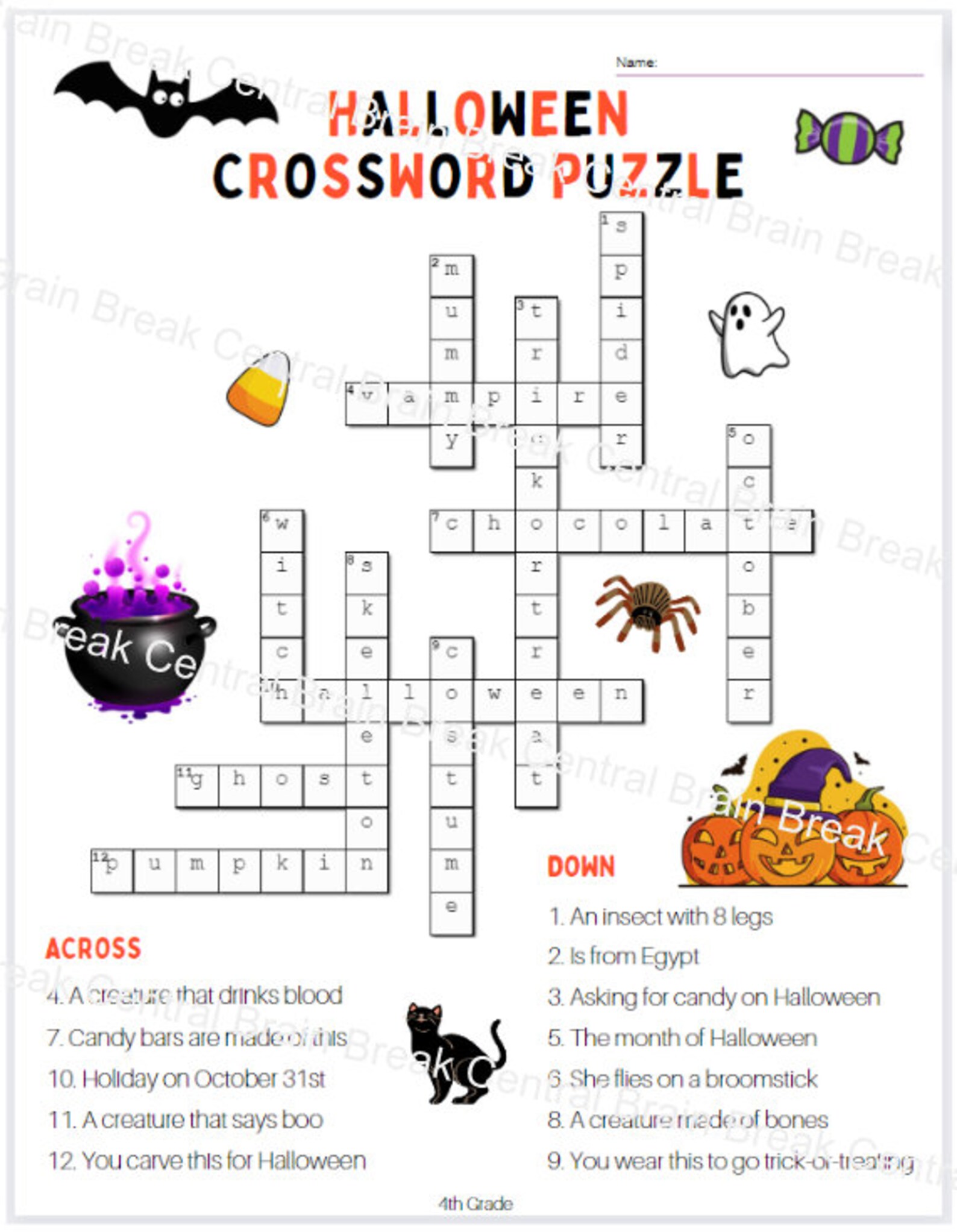 4th Grade Halloween Crossword Puzzle With Answer Key - Etsy