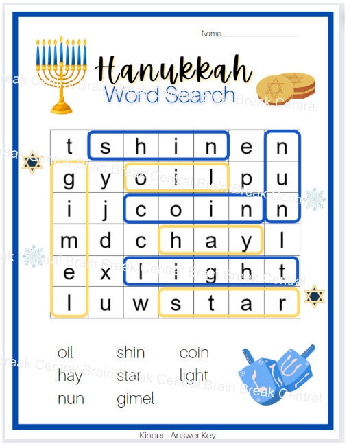 Kindergarten Hanukkah Word Search With Answer Key, Printable - Etsy