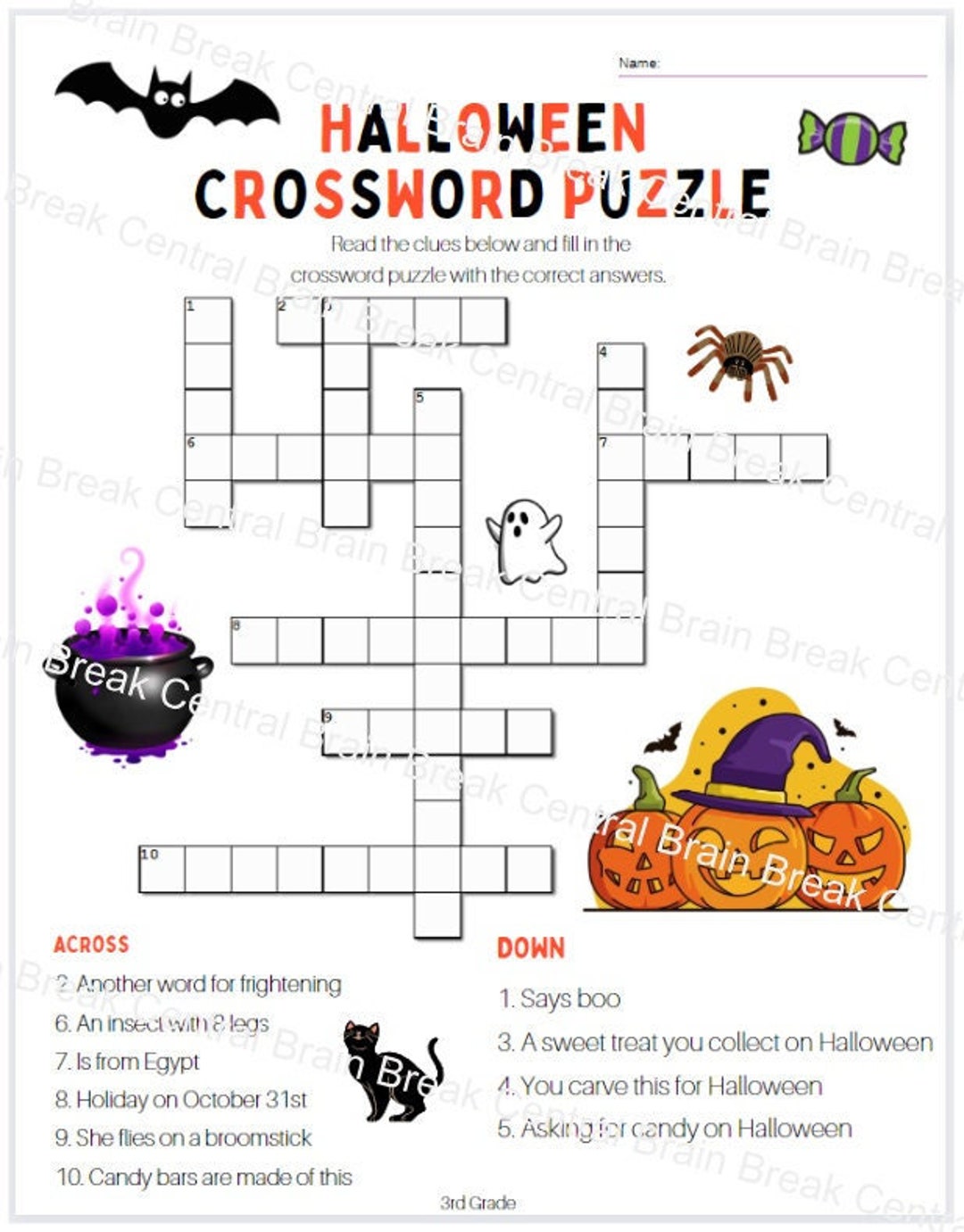 3rd Grade Halloween Crossword Puzzle With Answer Key - Etsy