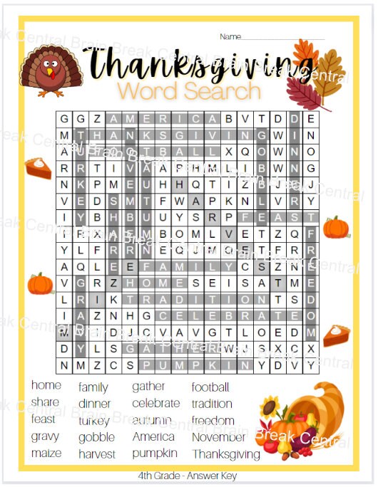 4th Grade Thanksgiving Word Search With Answer Key, Printable - Etsy