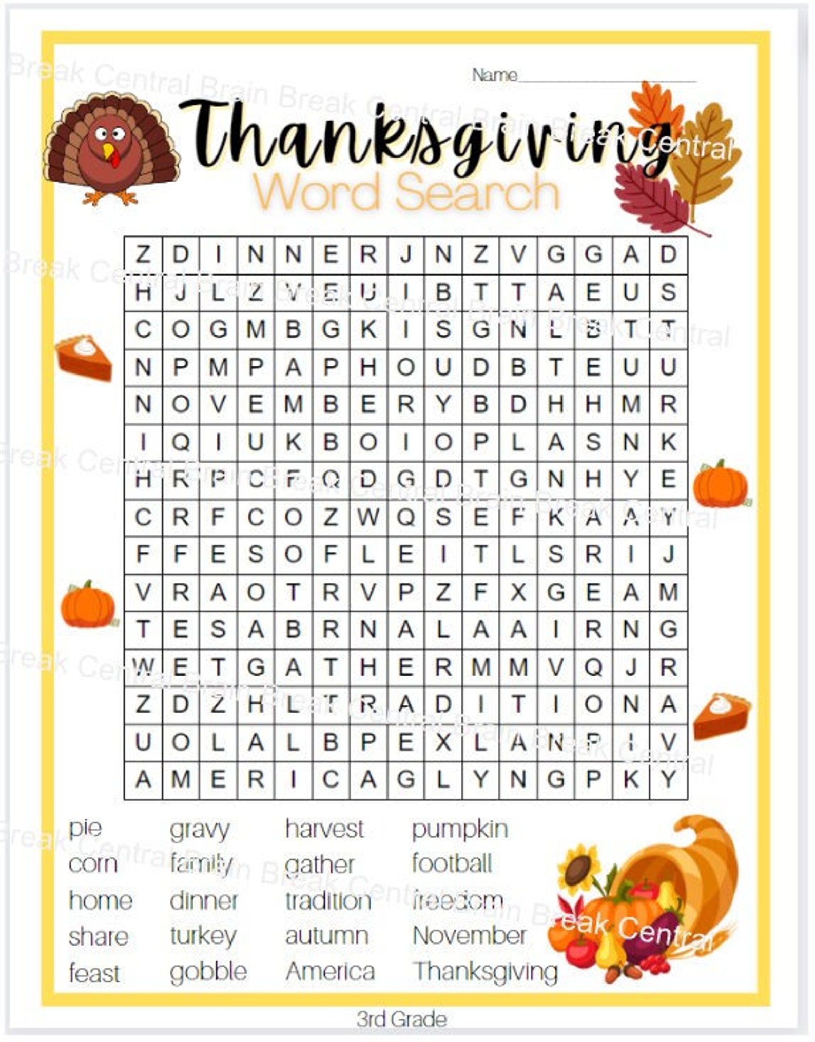 3rd Grade Thanksgiving Word Search With Answer Key, Printable - Etsy