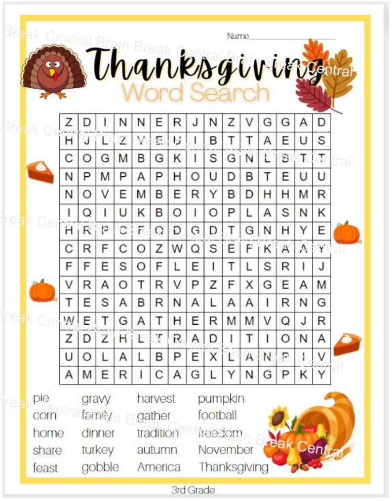 3rd Grade Thanksgiving Word Search With Answer Key, Printable - Etsy