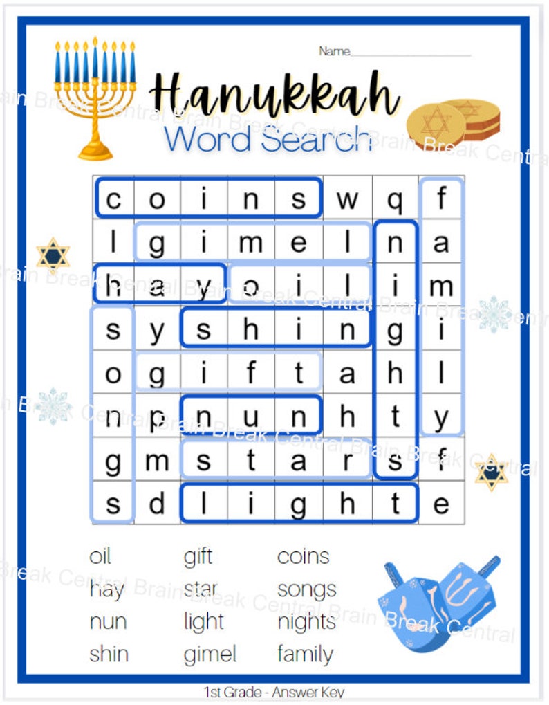 1st Grade Hanukkah Word Search With Answer Key, Printable - Etsy