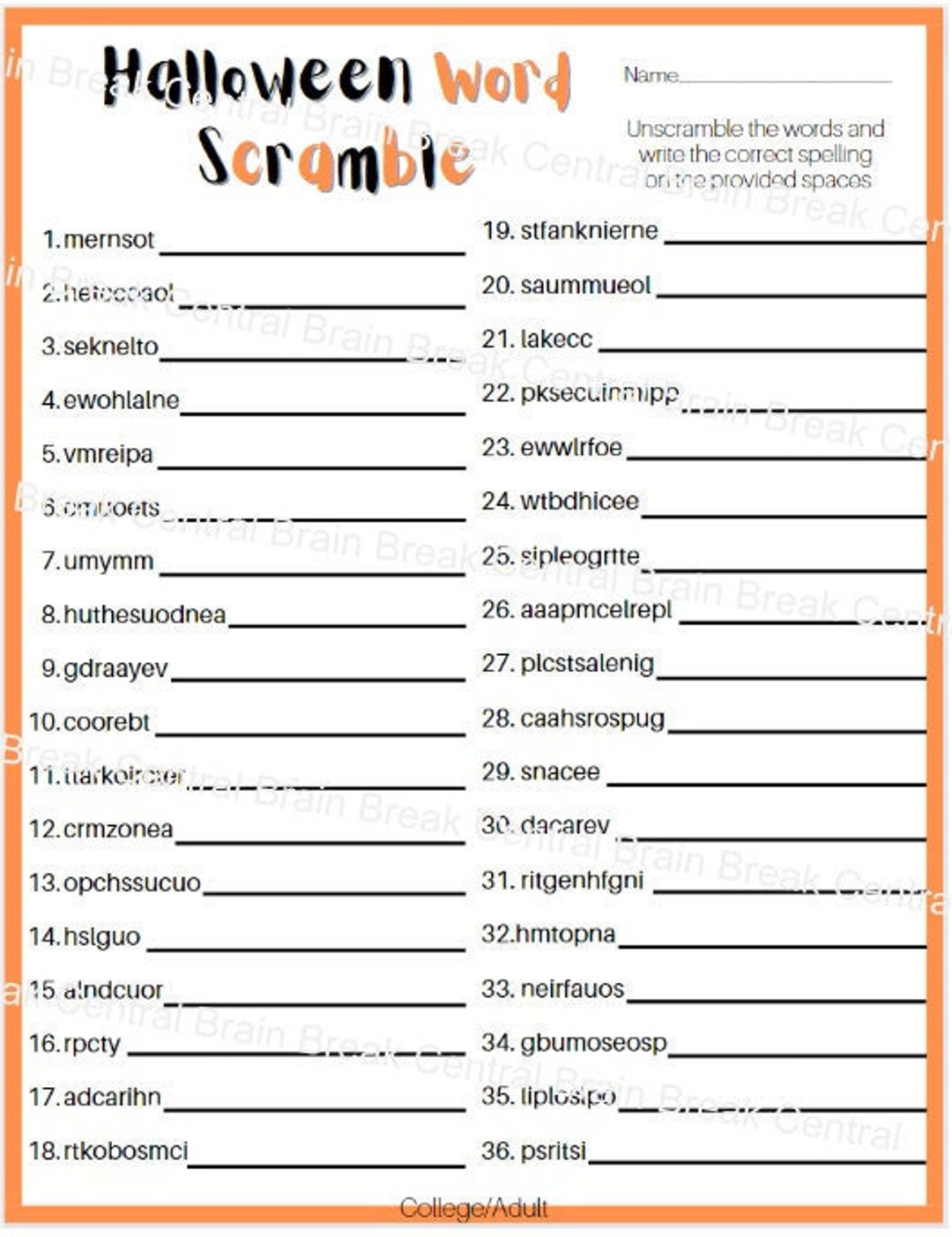 College/adult Halloween Word Scramble Worksheet With Answer Key ...