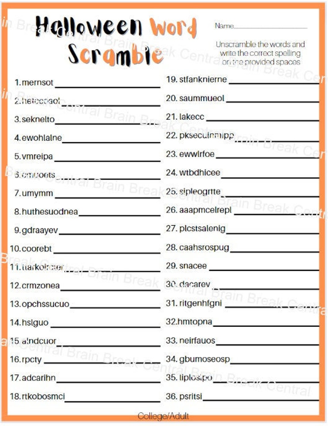 College/adult Halloween Word Scramble Worksheet With Answer Key ...