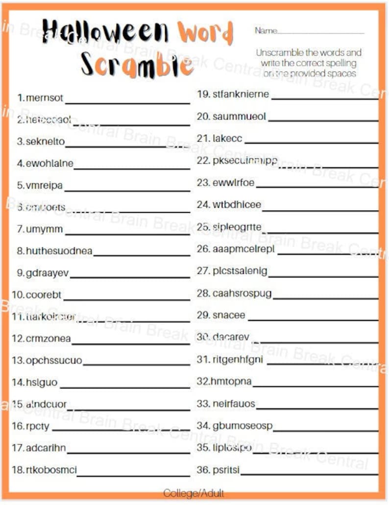 College/adult Halloween Word Scramble Worksheet With Answer Key ...