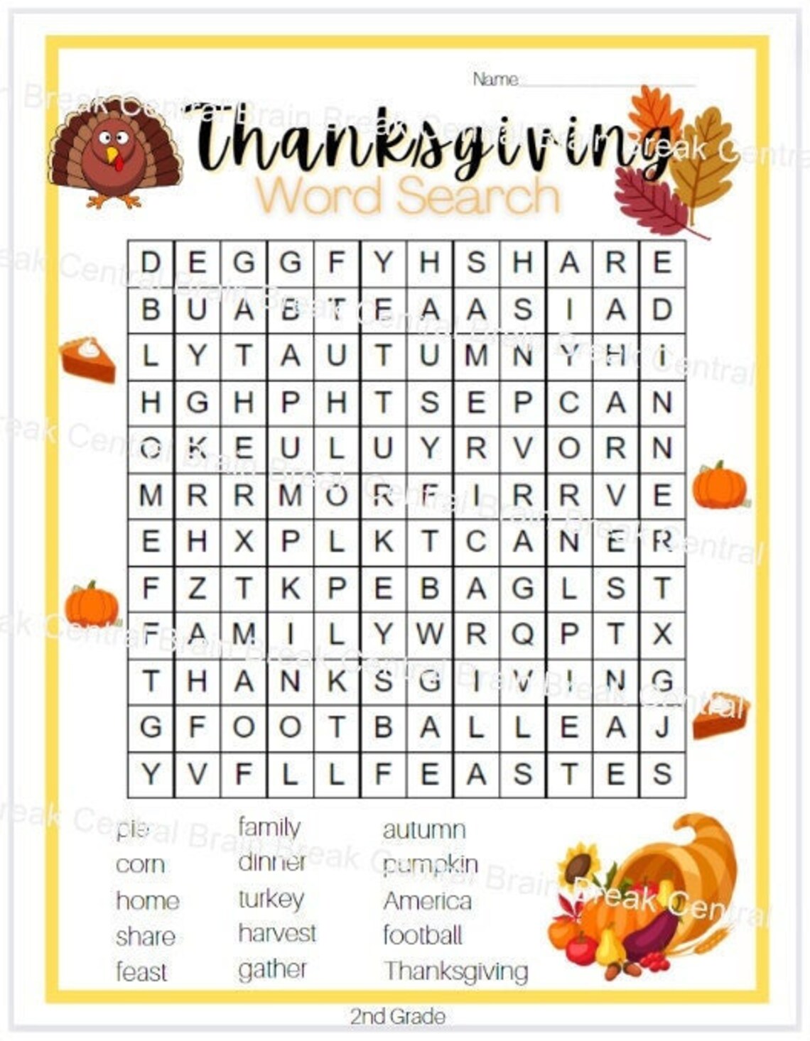 2nd Grade Thanksgiving Word Search With Answer Key, Printable - Etsy