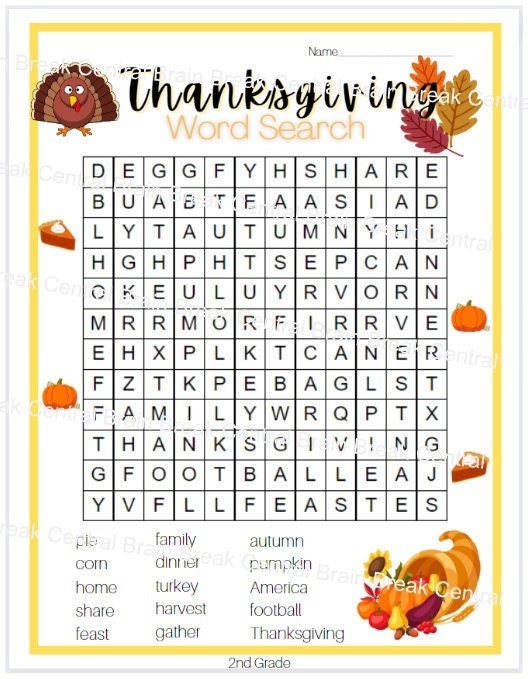 2nd Grade Thanksgiving Word Search With Answer Key, Printable - Etsy